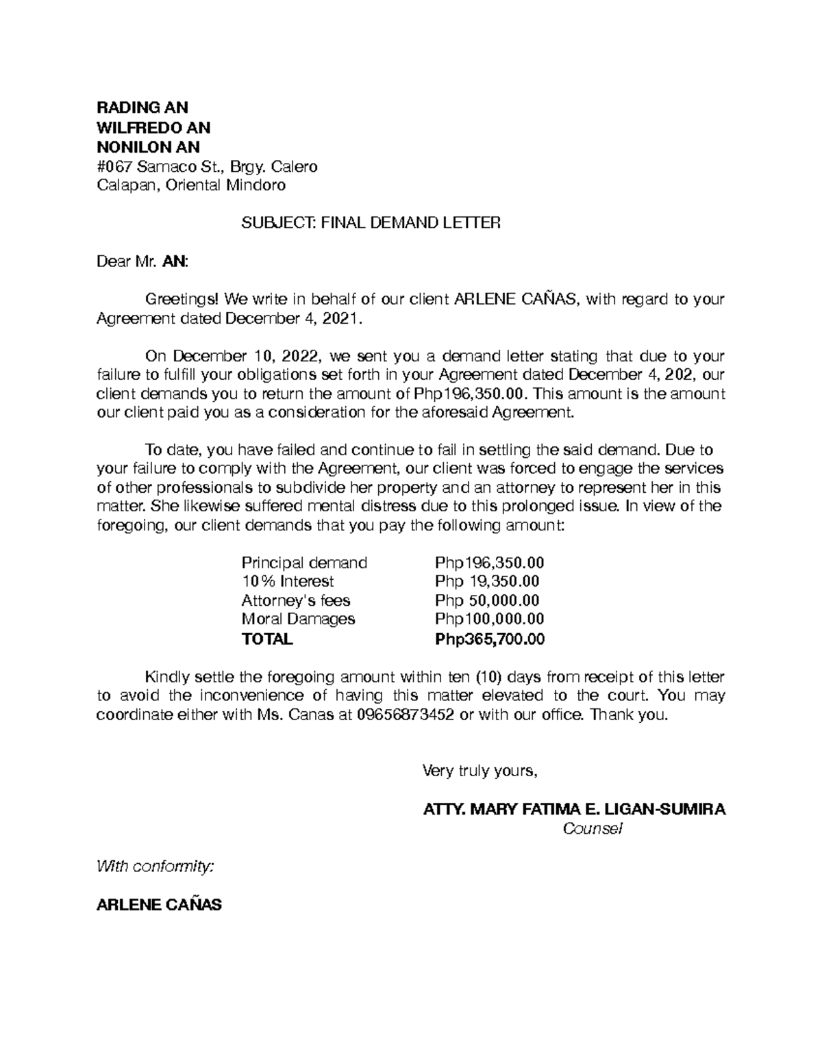 Demand Letter final copy - RADING AN WILFREDO AN NONILON AN #067 Samaco ...