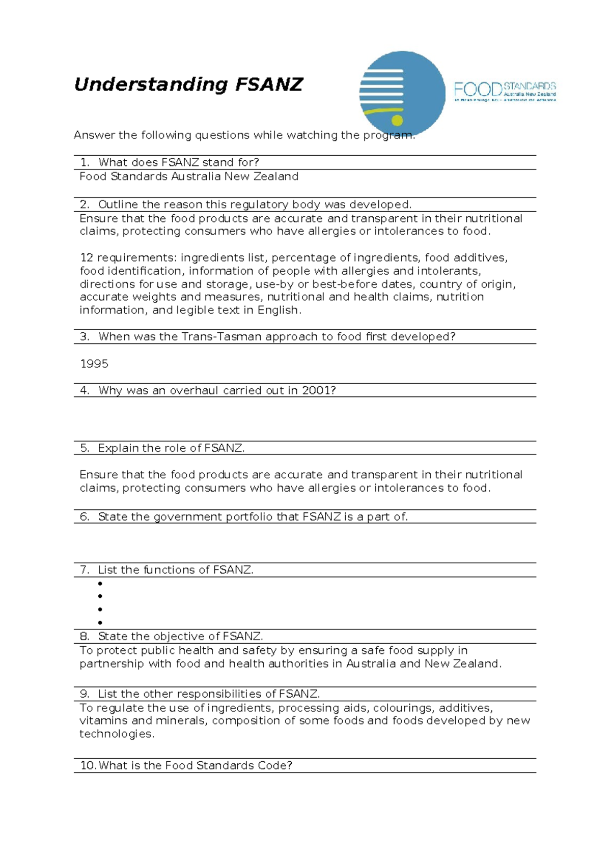 Understanding Fsanz - ...... - Understanding FSANZ Answer the following ...