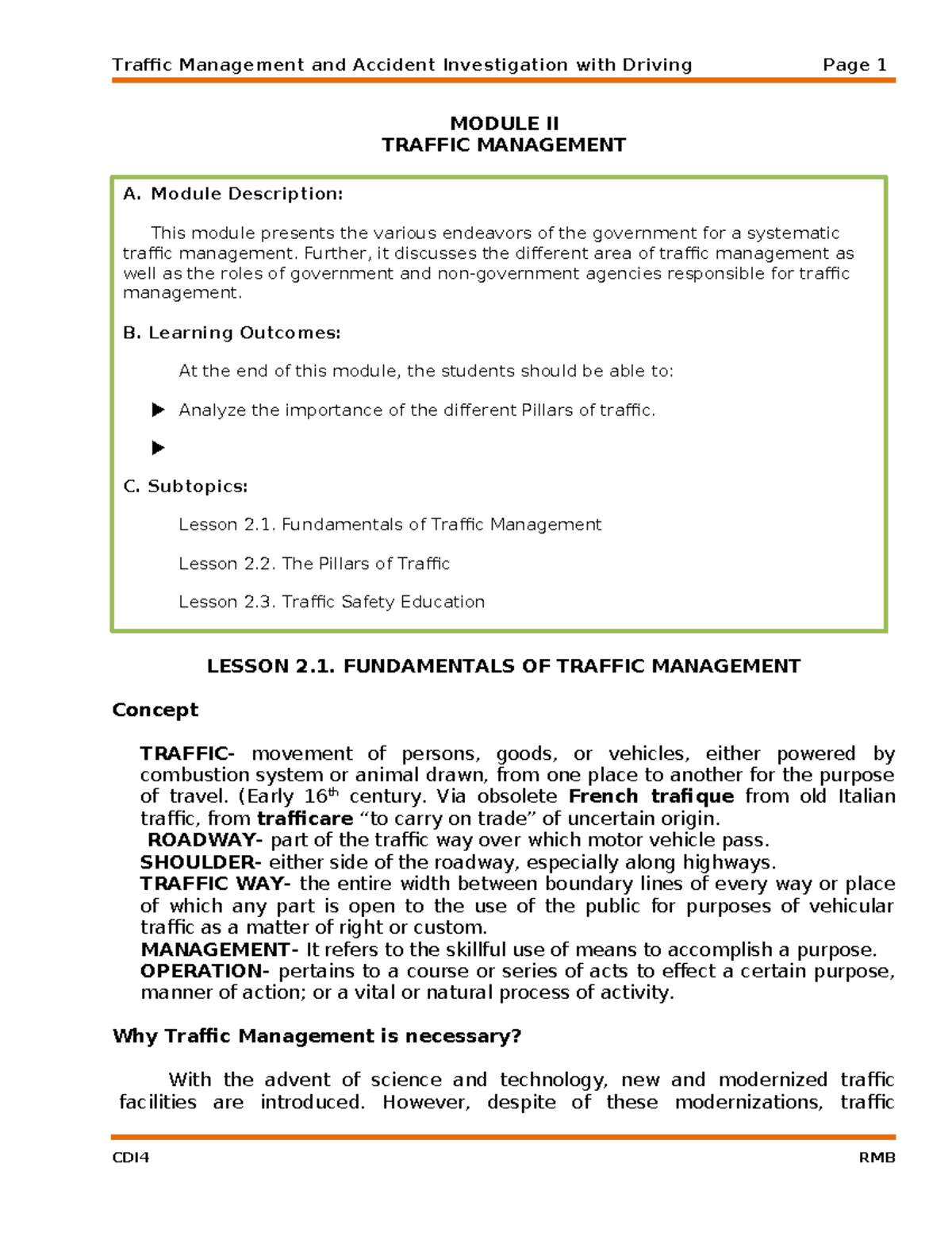 Module 2 - reading material - MODULE II TRAFFIC MANAGEMENT LESSON 2 ...