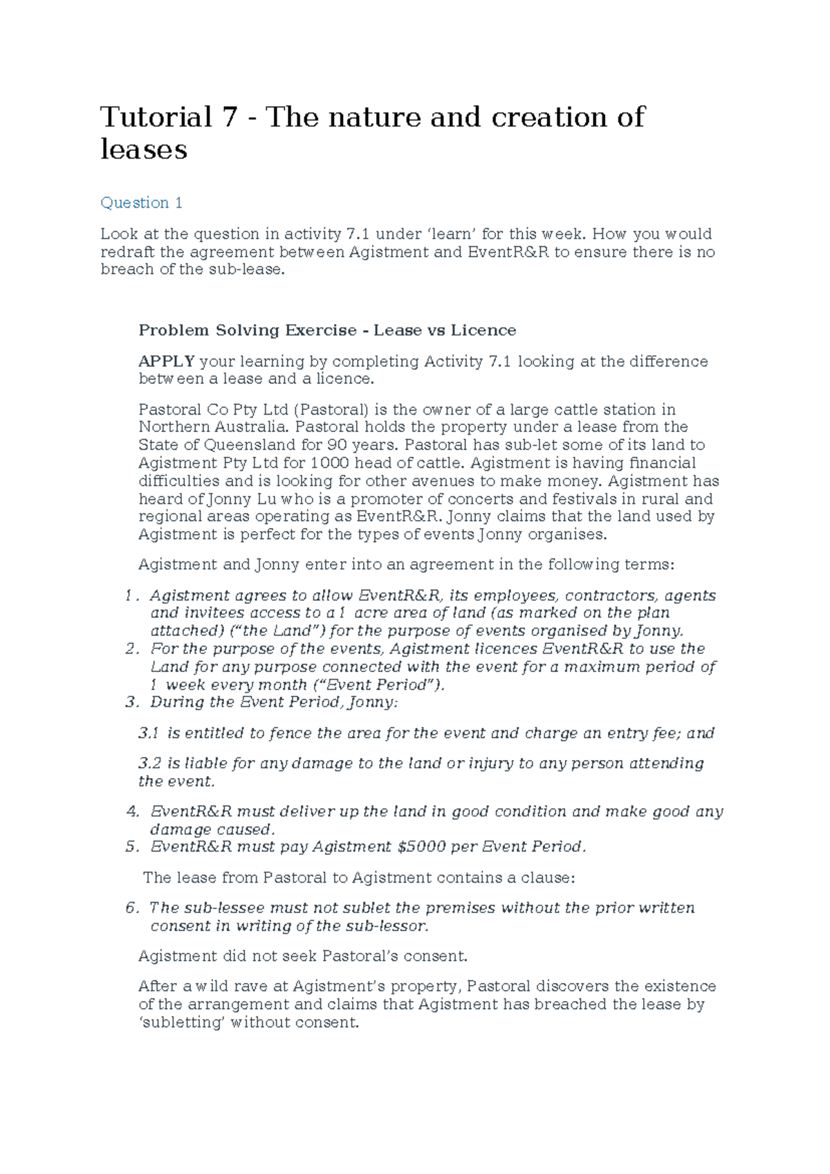 Tutorial 7 notes - Tutorial 7 - The nature and creation of leases ...