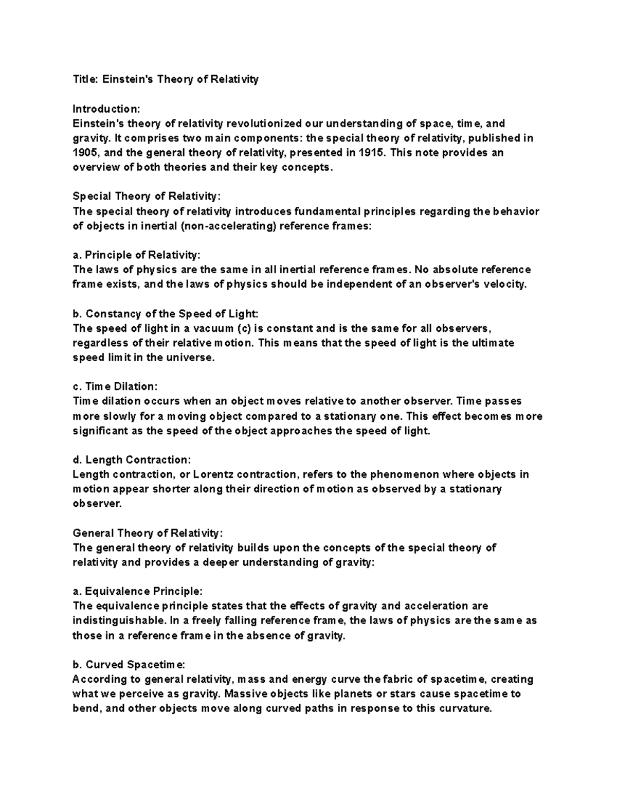 Theory of Relativity notes - Title: Einstein's Theory of Relativity ...