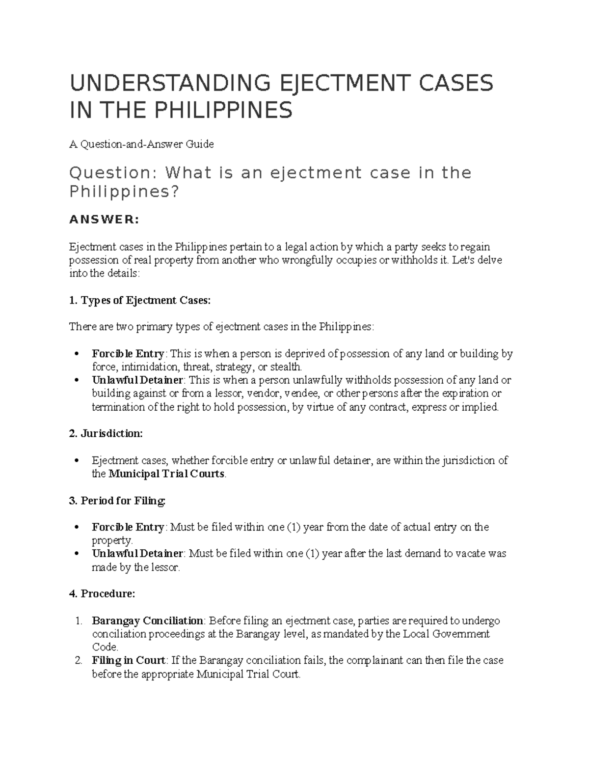 Understanding Ejectment Cases IN THE Philippines - UNDERSTANDING EJECTMENT CASES IN THE ...