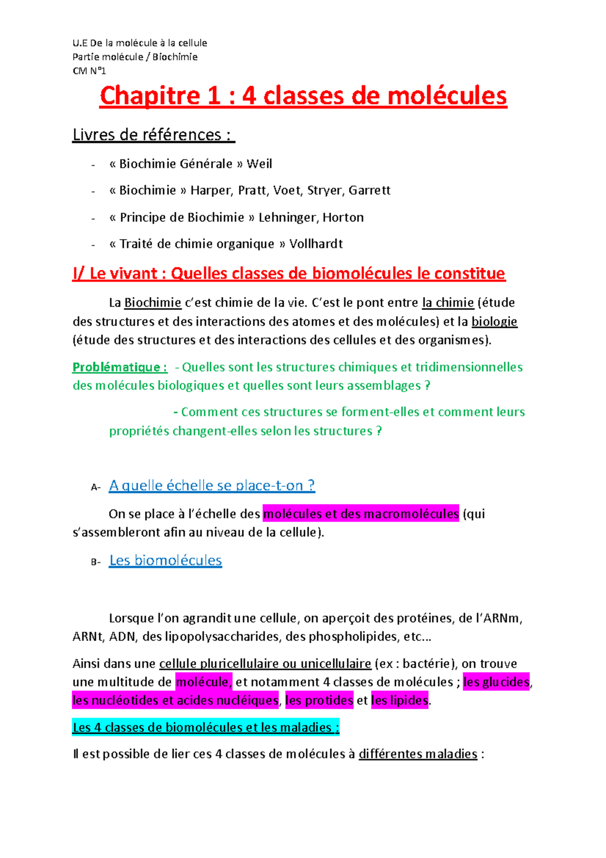 Chapitre 1 Les 4 classes de molecules - Partie molécule / Biochimie CM ...