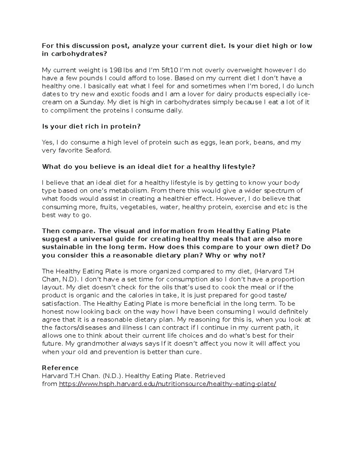 Current DIET Analysis - For this discussion post, analyze your current ...