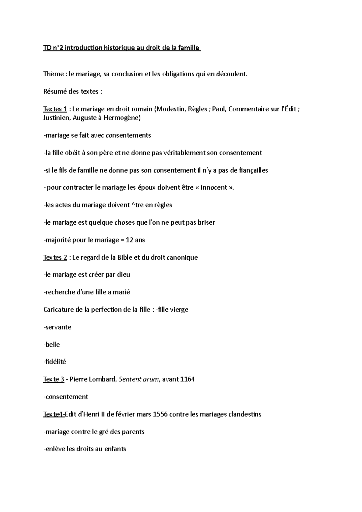 TD n°2 - td N°2 note de synthése - TD n°2 introduction historique au droit de la famille Thème ...