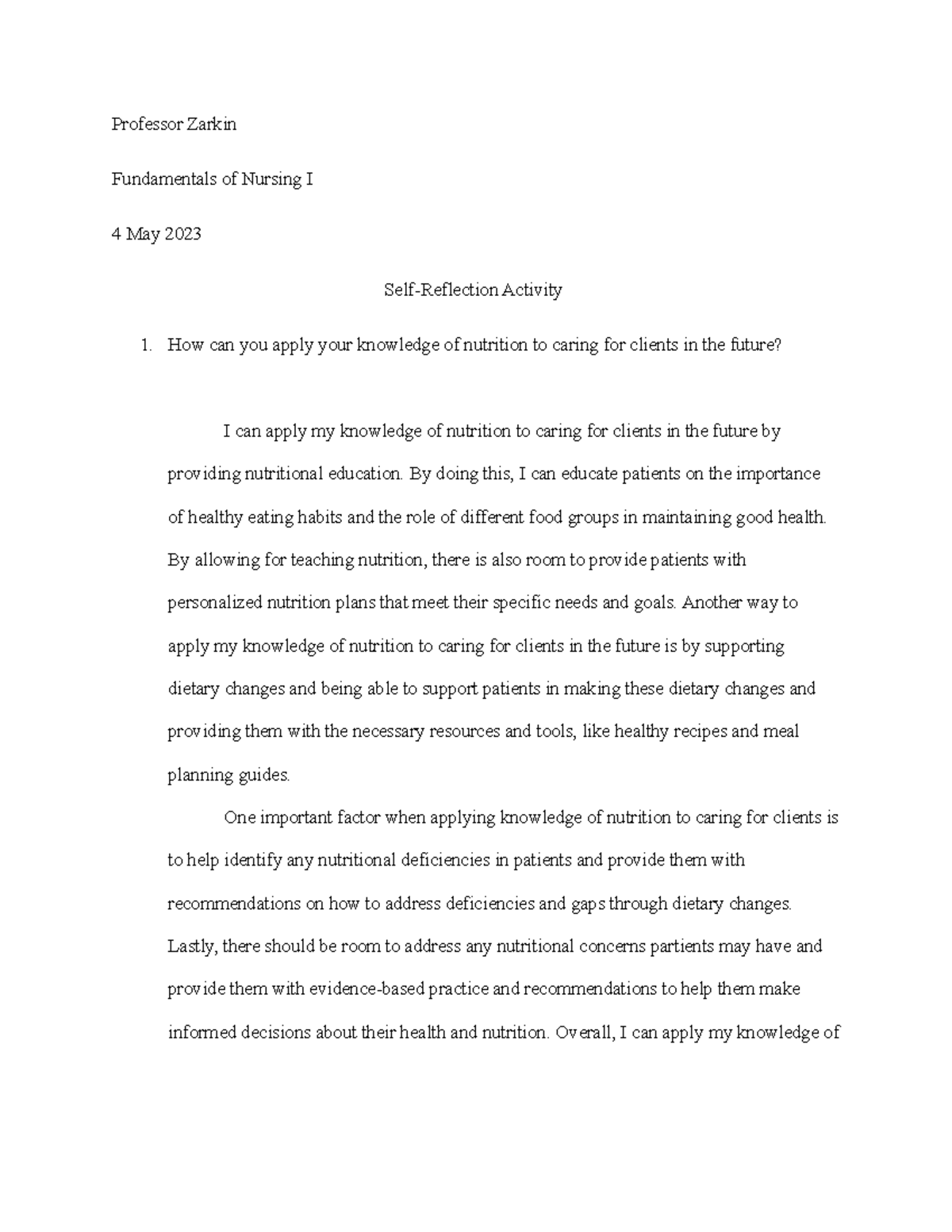 Self-Reflection Activity - Professor Zarkin Fundamentals of Nursing I 4 ...