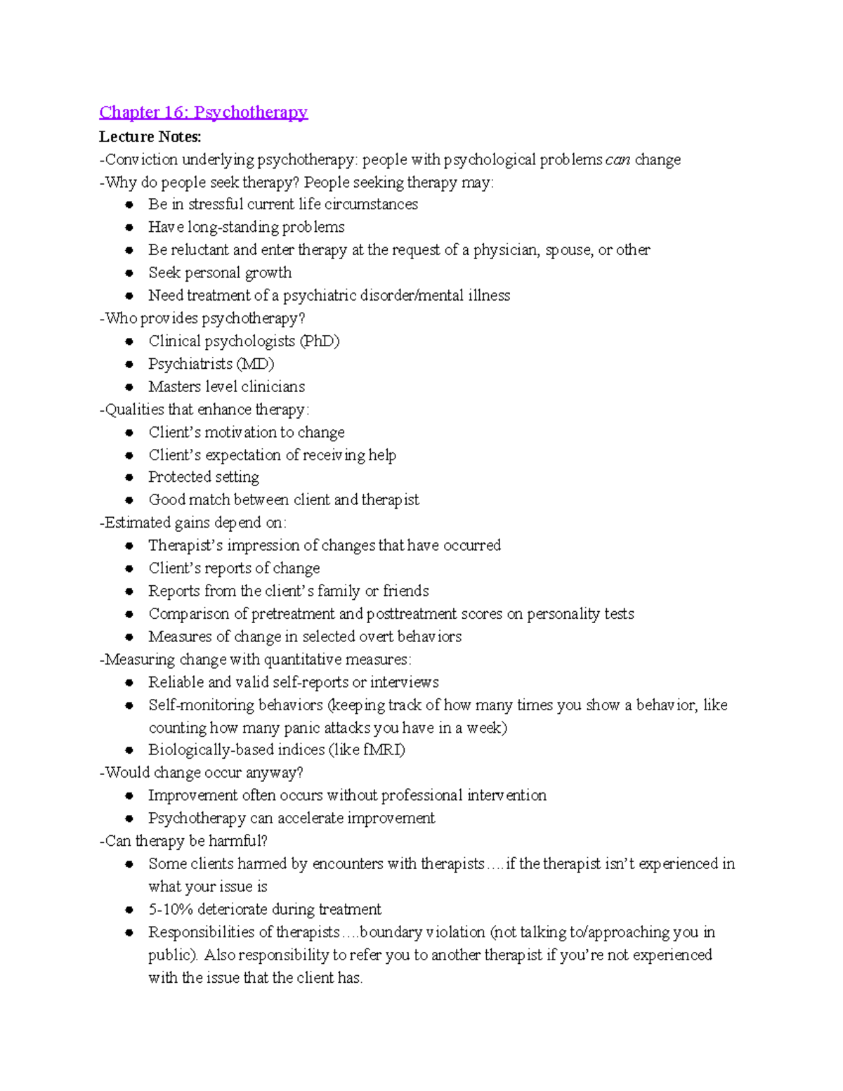 Chapter 16 Notes - Chapter 16: Psychotherapy Lecture Notes: -Conviction ...