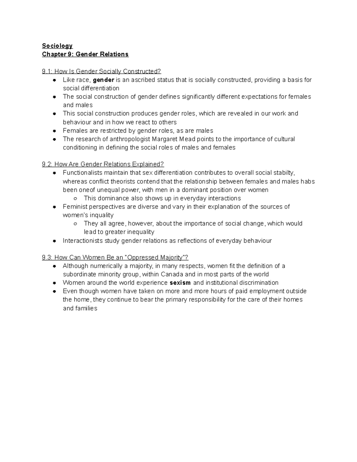 Chapter 9 sociology - chap 9 notes - Sociology Chapter 9: Gender ...