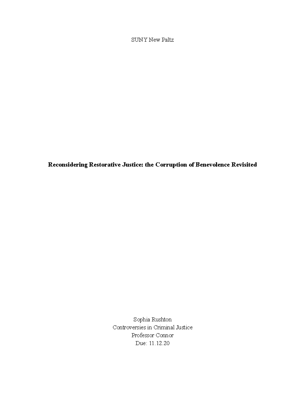 Reflection #1 Restorative Justice - SUNY New Paltz Reconsidering ...