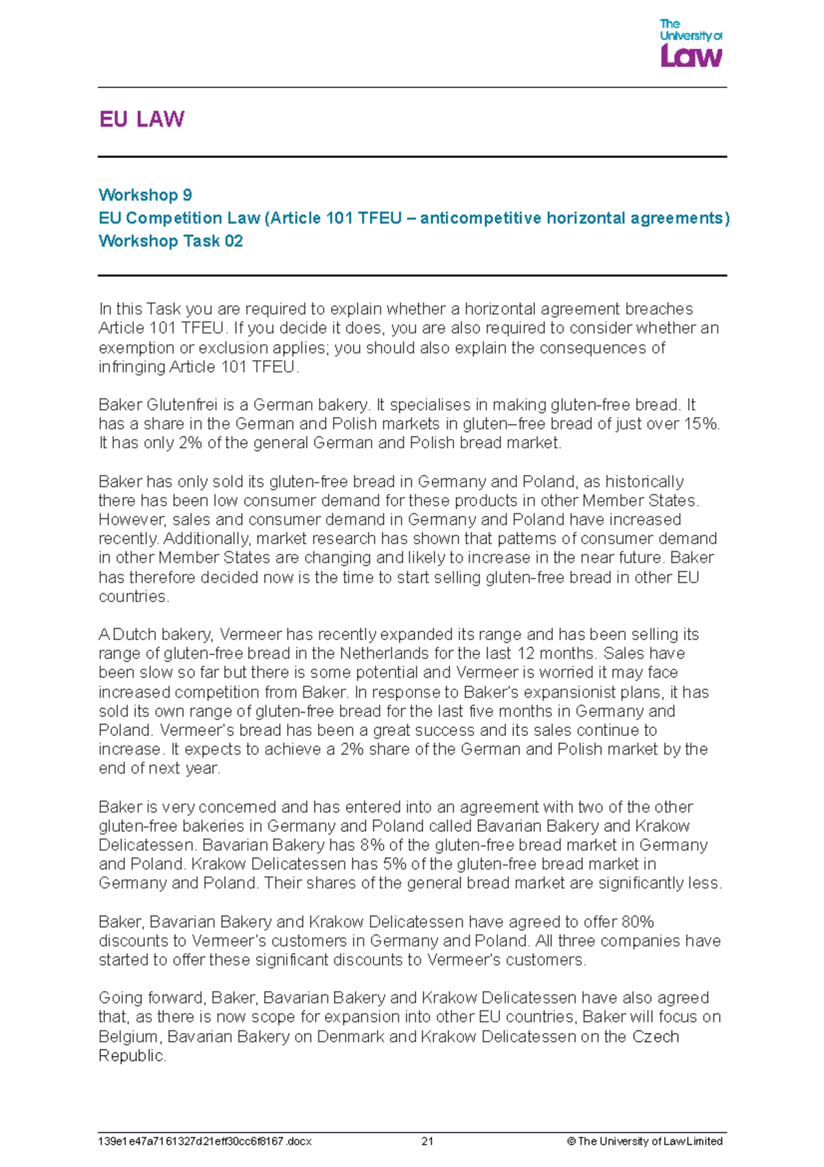2223 eu ws09 ce01 workshop task 02 - EU LAW Workshop 9 EU Competition Law (Article 101 TFEU ...