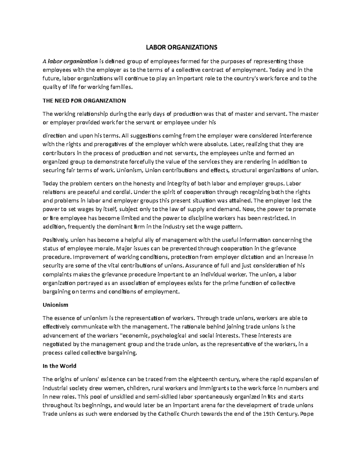 Labor Organizations - LABOR ORGANIZATIONS A labor organization is ...
