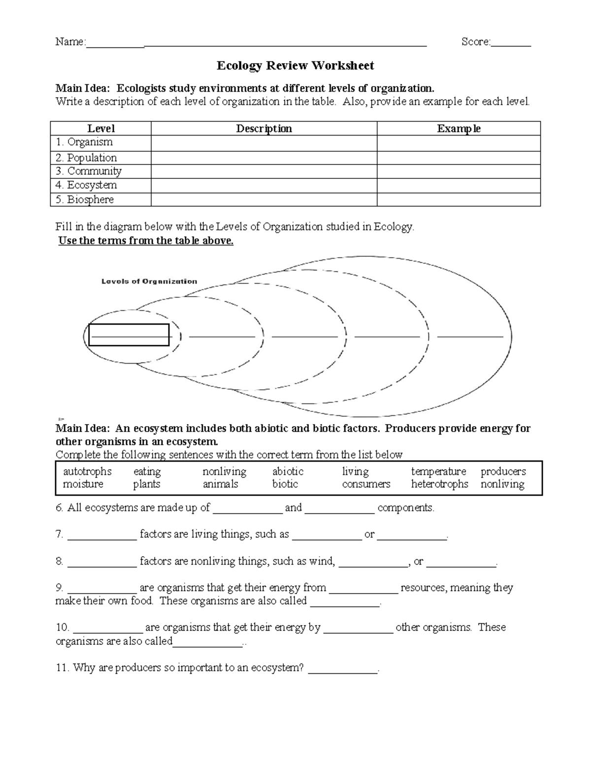 PEE-Ecology-Worksheet - Name:__________ Score: Ecology Review Worksheet ...