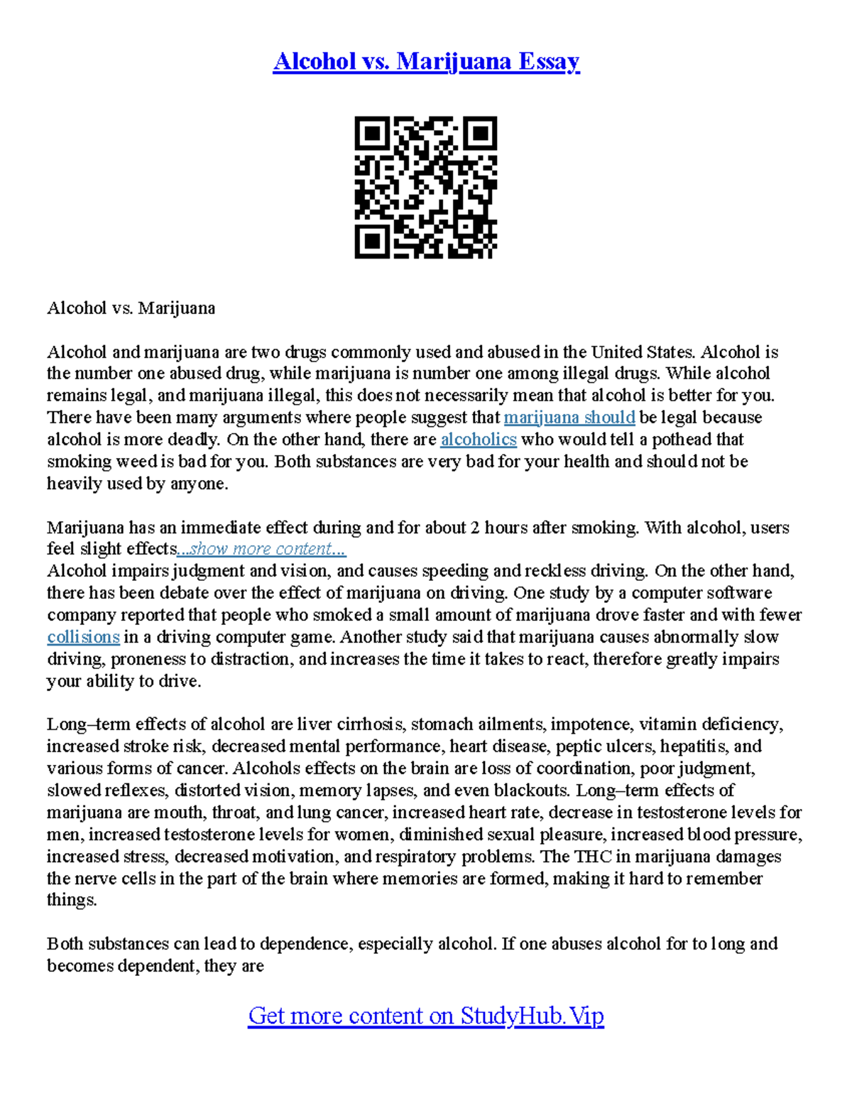 Essays On Marijuana - Alcohol vs. Marijuana Essay Alcohol vs. Marijuana ...