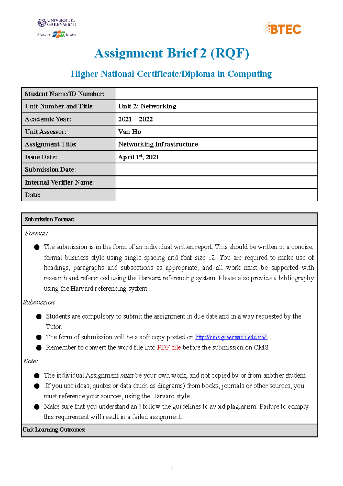 1 Unit 2 - Assignment brief 2 - Assignment Brief 2 (RQF) Higher National Certificate/Diploma in ...