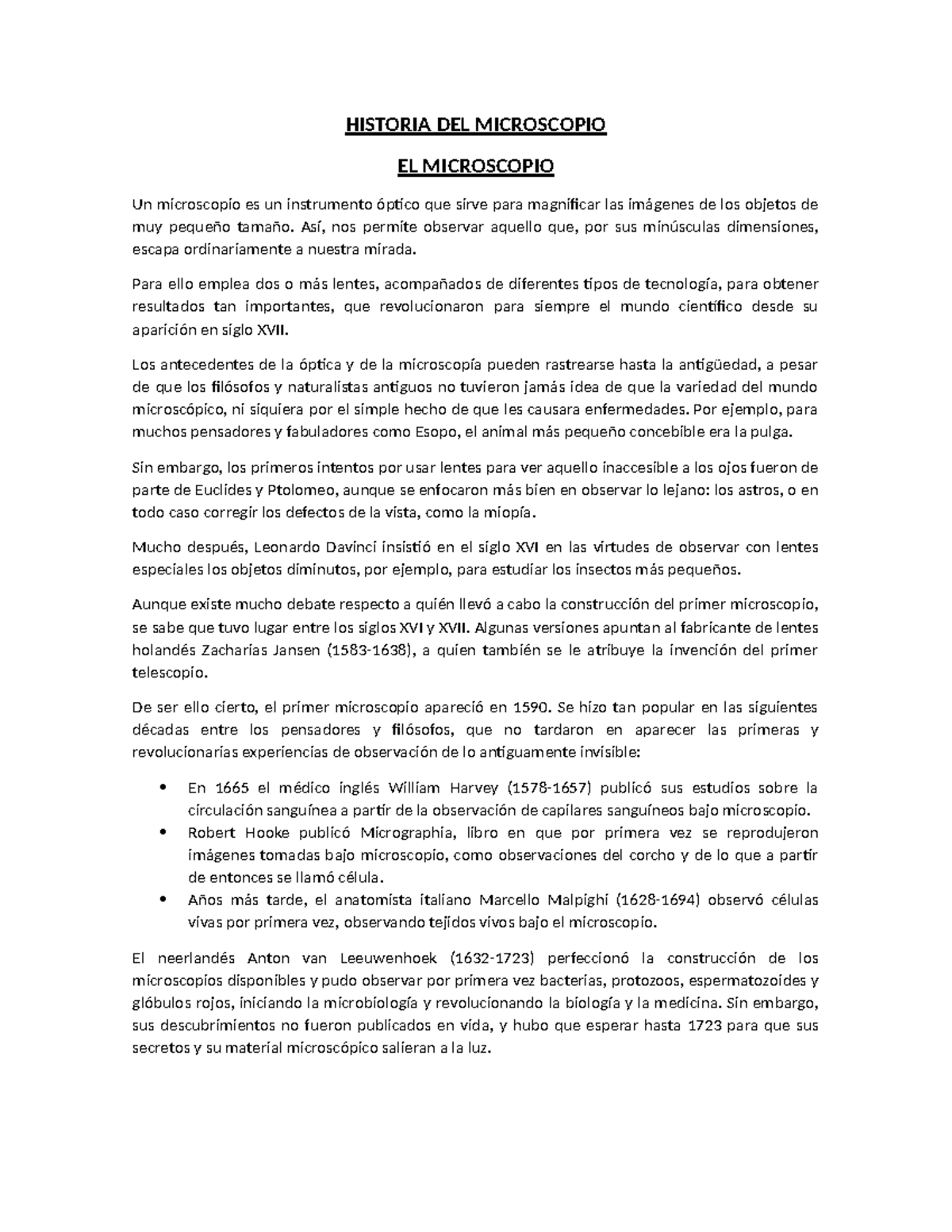 Historia DEL Microscopio - HISTORIA DEL MICROSCOPIO EL MICROSCOPIO Un ...
