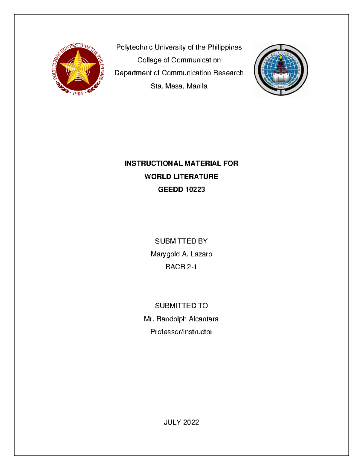 Lazaro World Literature Module - Polytechnic University of the ...