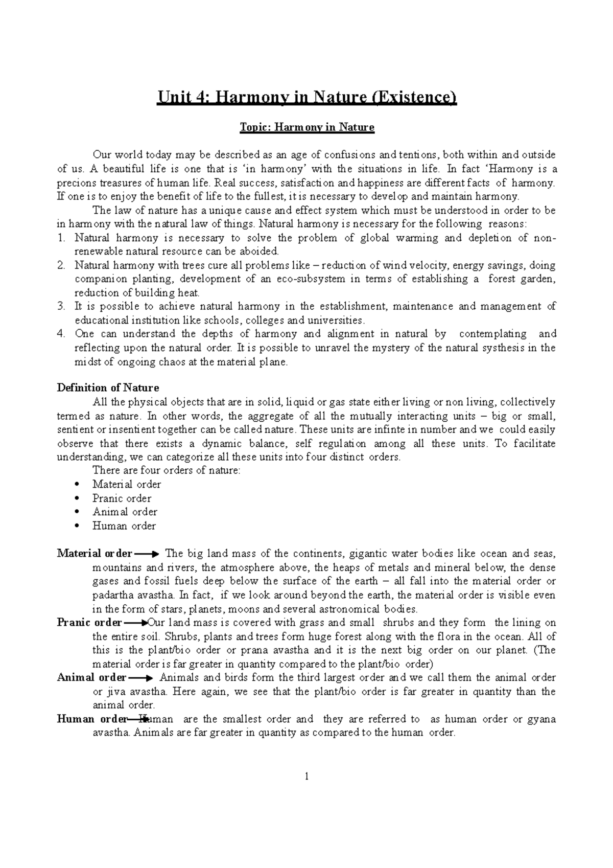 UNIT-IV-notes - AI NOTES - 1 Unit 4: Harmony in Nature (Existence ...