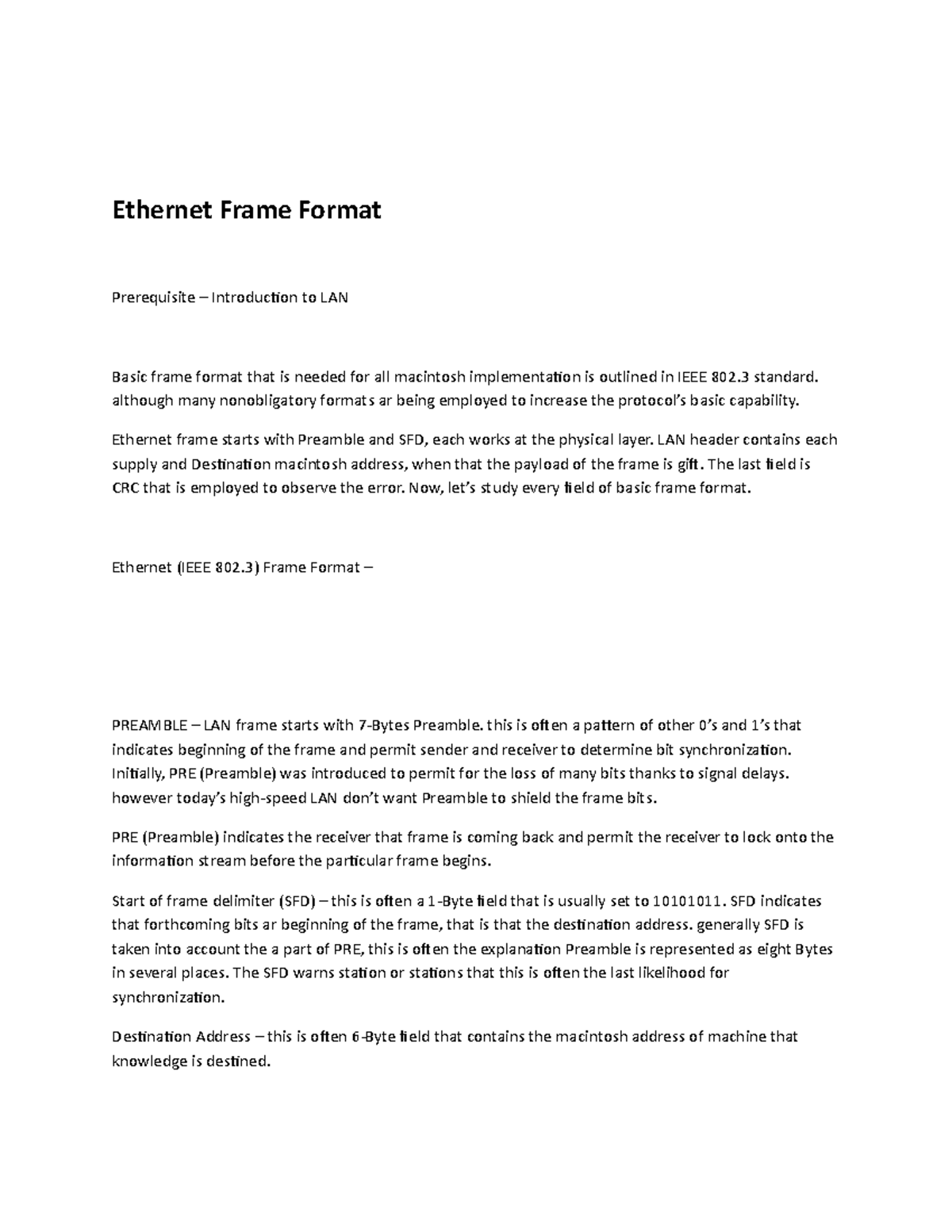 Ethernet Frame Format Note Ethernet Frame Format Prerequisite Introduction To Lan Basic