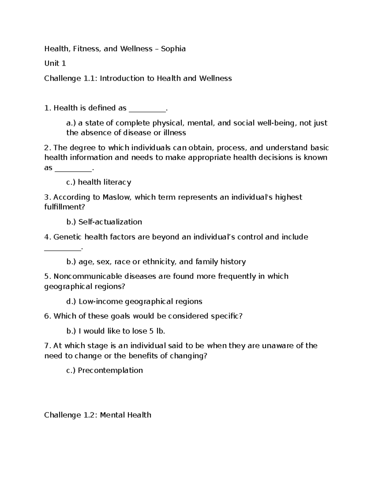Health, Fitness, and Wellness - Sophia Unit 1 - Health, Fitness, and Wellness – Sophia Unit 1 ...