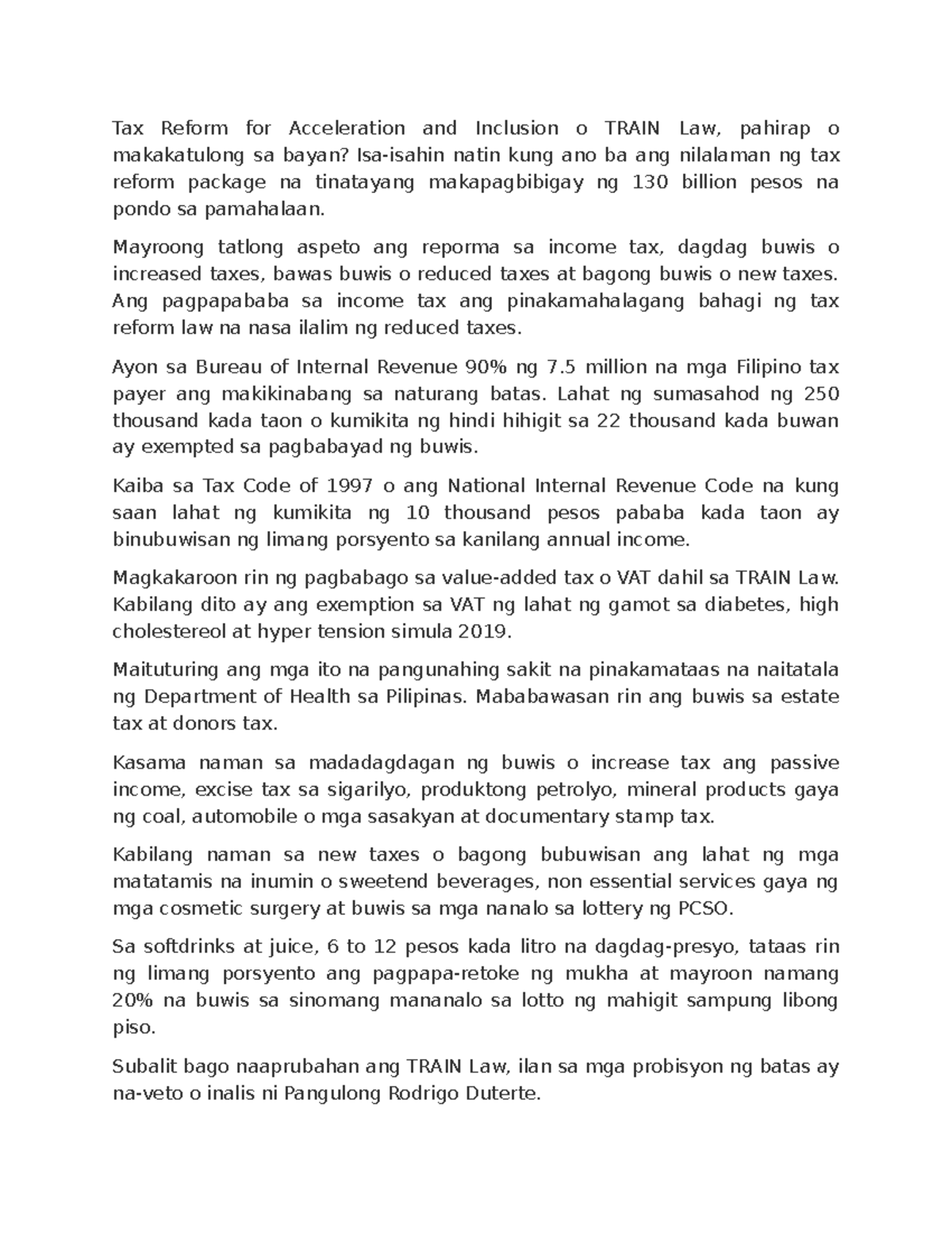 Train law - Tax Reform for Acceleration and Inclusion o TRAIN Law ...