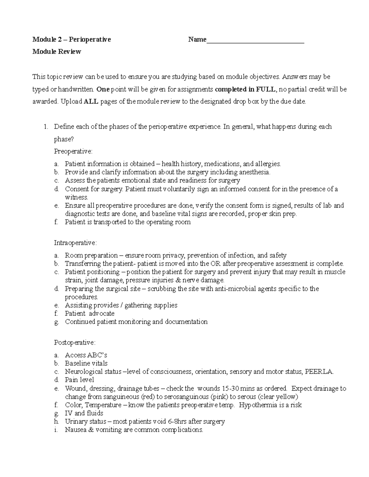 Module 2 Review Perioperative - Module 2 – Perioperative Name ...