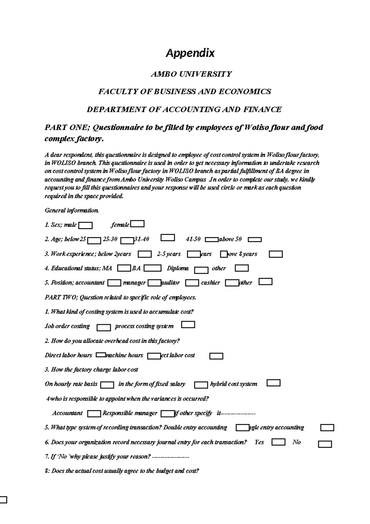 Appendix - help - Appendix AMBO UNIVERSITY FACULTY OF BUSINESS AND ...