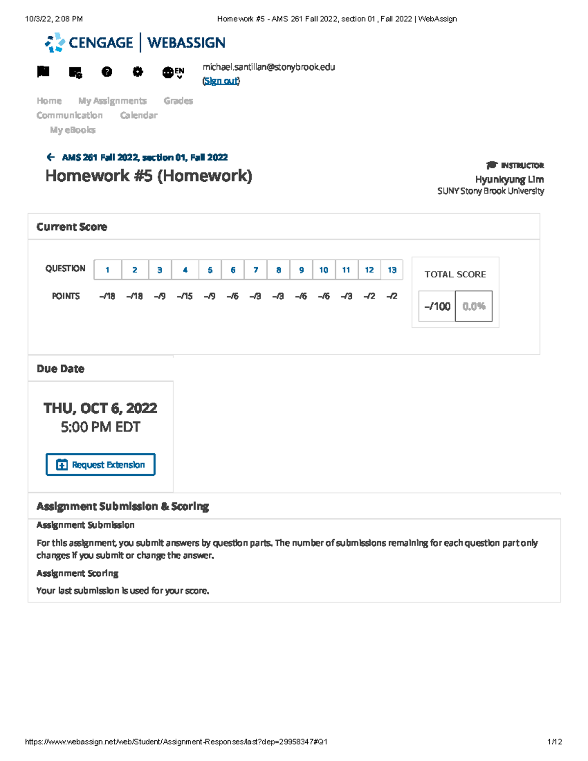 Homework #5 - AMS 261 Fall 2022, section 01, Fall 2022 Web Assign ...