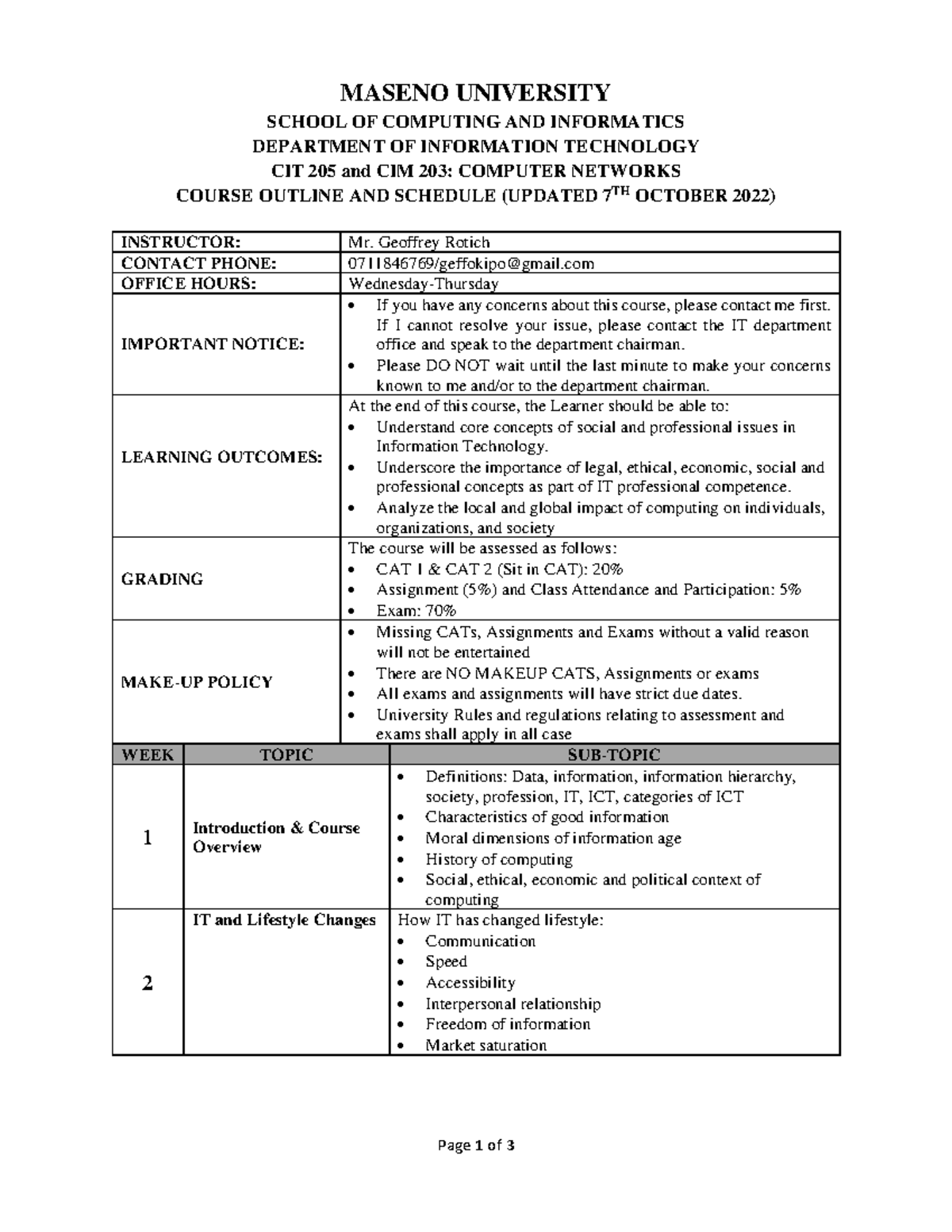 UCI 401 Course Outline - Page 1 of 3 MASENO UNIVERSITY SCHOOL OF ...