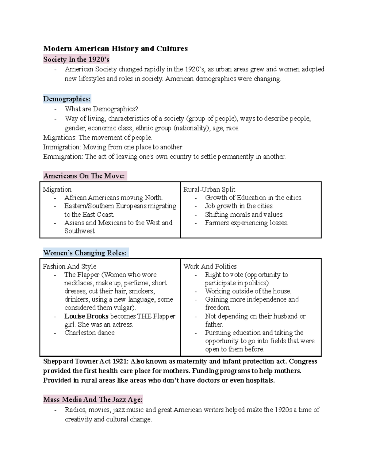 Roaring 20's Notes - Modern American History and Cultures Society In ...