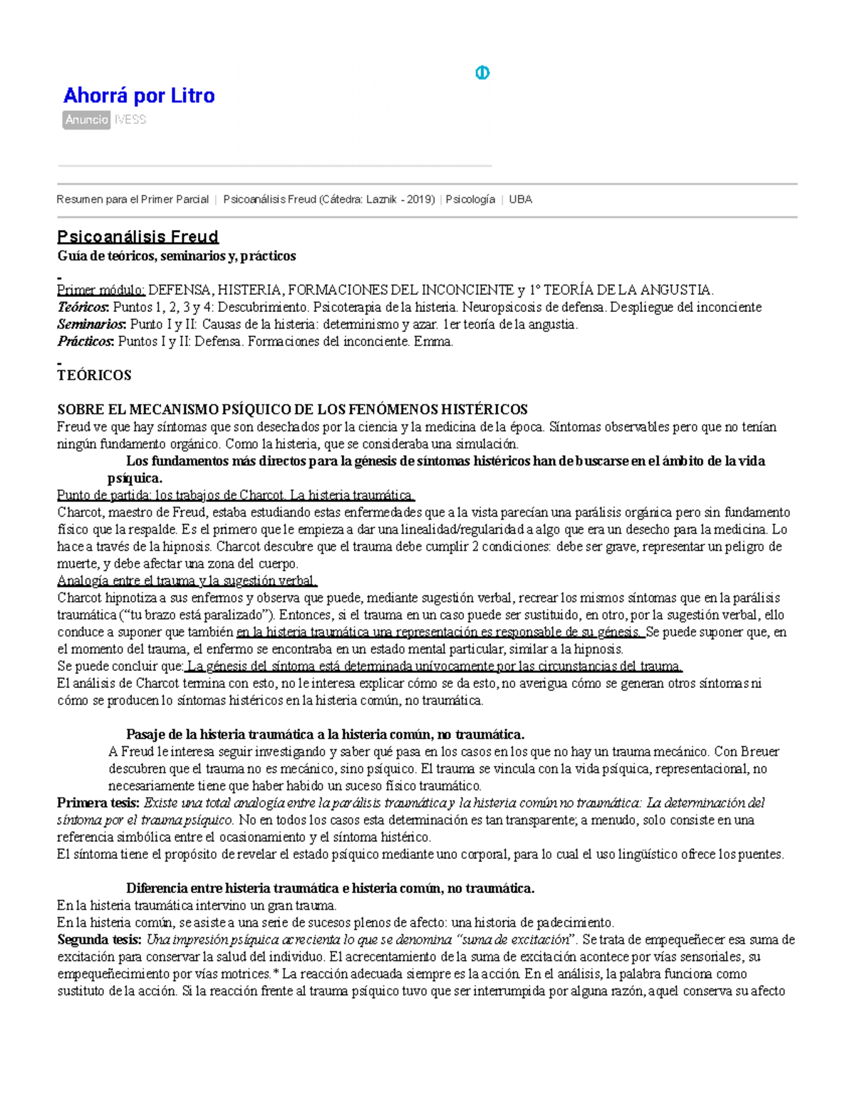 Resumen para el Primer Parcial Psicoanálisis Freud (Laznik - 2019 ) Psicología UBA - Resumen ...