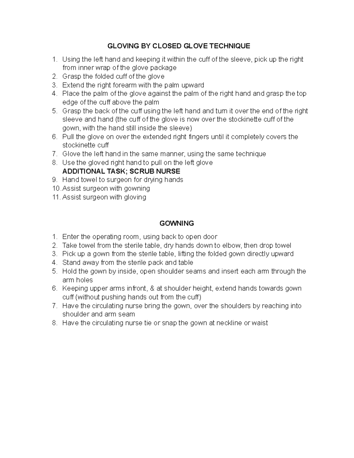 Gowning AND Gloving Checklist - GLOVING BY CLOSED GLOVE TECHNIQUE Using ...