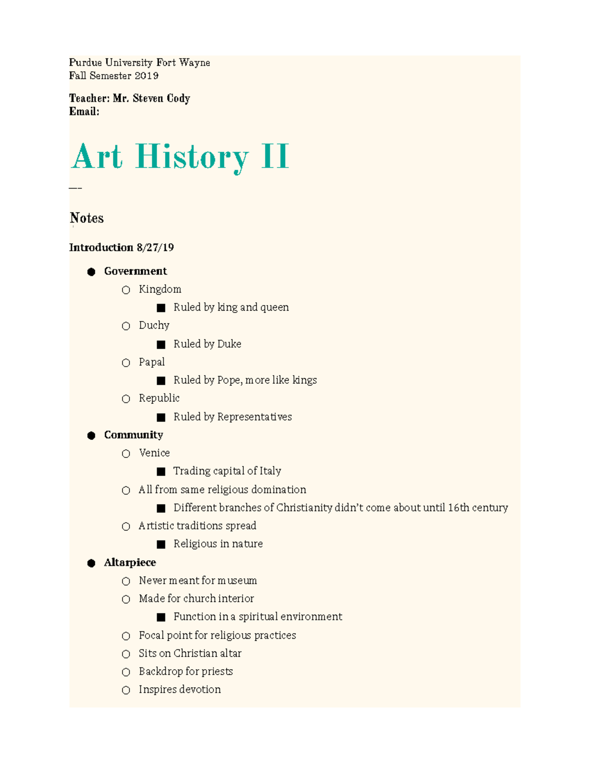 Art History II - Purdue University Fort Wayne Fall Semester 2019 ...