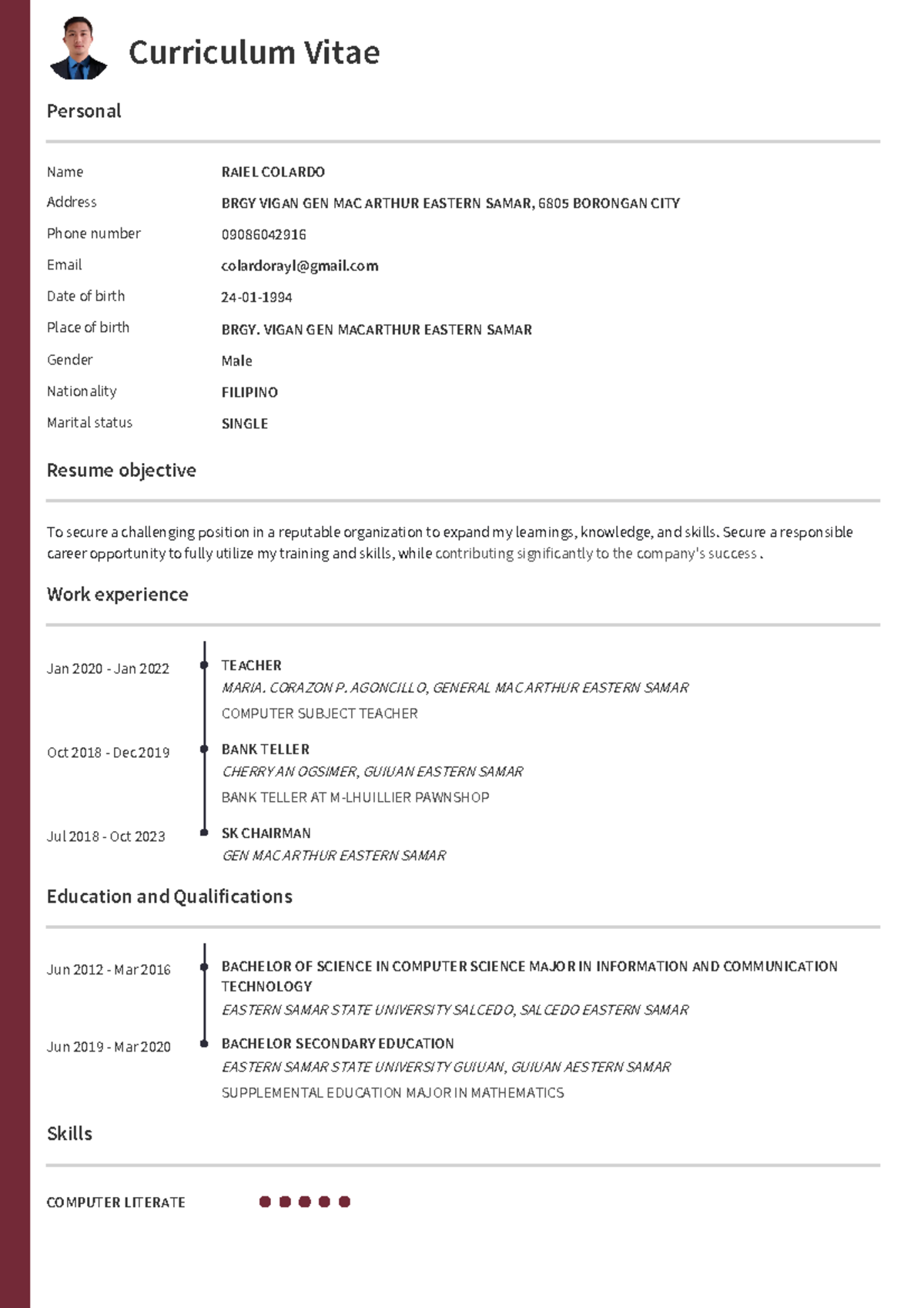 CV Raiel Colardo #1 - Eastern Samar State University - Curriculum Vitae ...