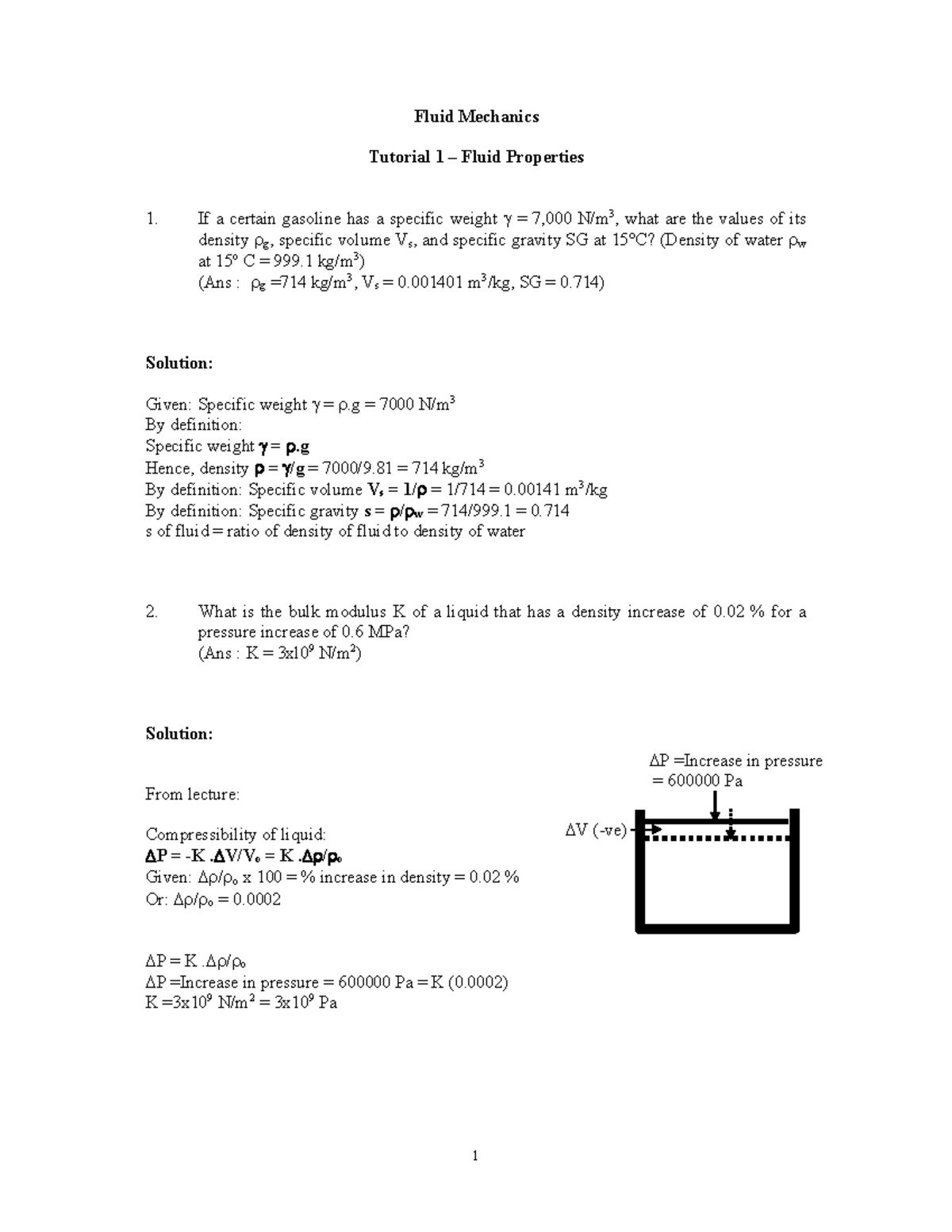 CV1012 Fluid Mechanics Tutorial 1 Solution - Fluid Mechanics Tutorial 1 – Fluid Properties If a ...