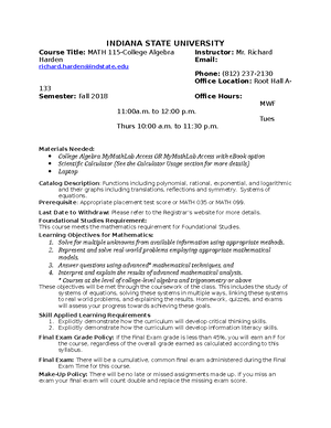 Math 115 Final Exam Study Guide - Name: ________________________ Class