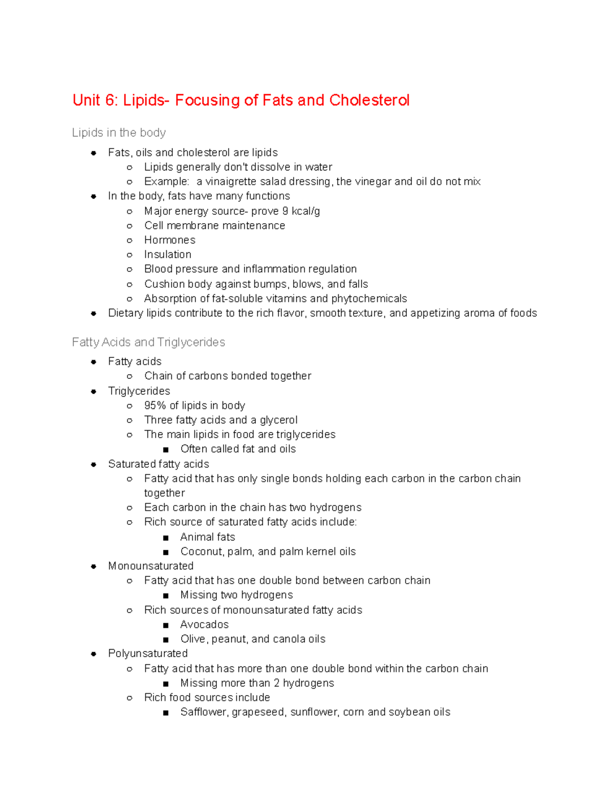 Lipids - Notes - Unit 6: Lipids- Focusing of Fats and Cholesterol ...