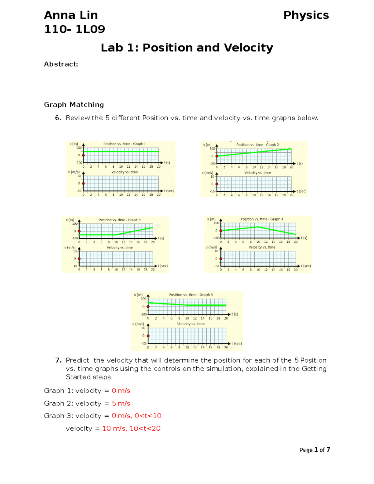 001 One Dimensional Motion 1 21 21 - Anna Lin Physics 110- 1L Lab 1 ...