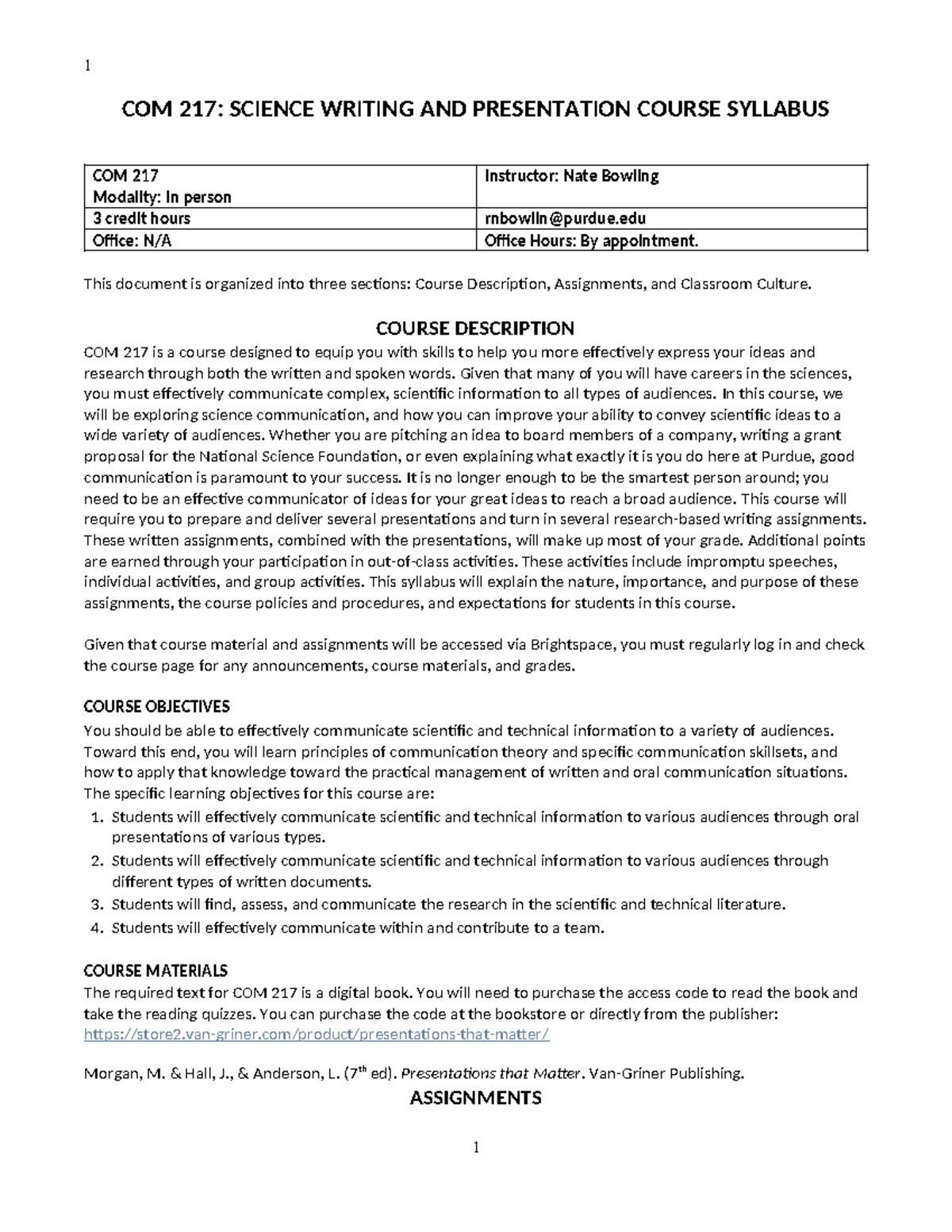 COM 217 Syllabus Fall 23 - COM 217: SCIENCE WRITING AND PRESENTATION ...