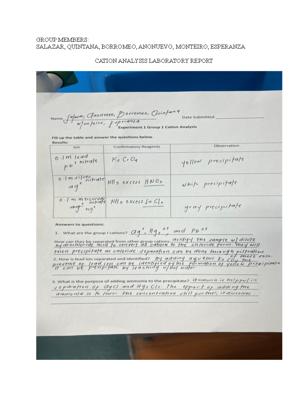 A3 Cation Analysis Laboratory Report - Chemistry - GROUP MEMBERS ...
