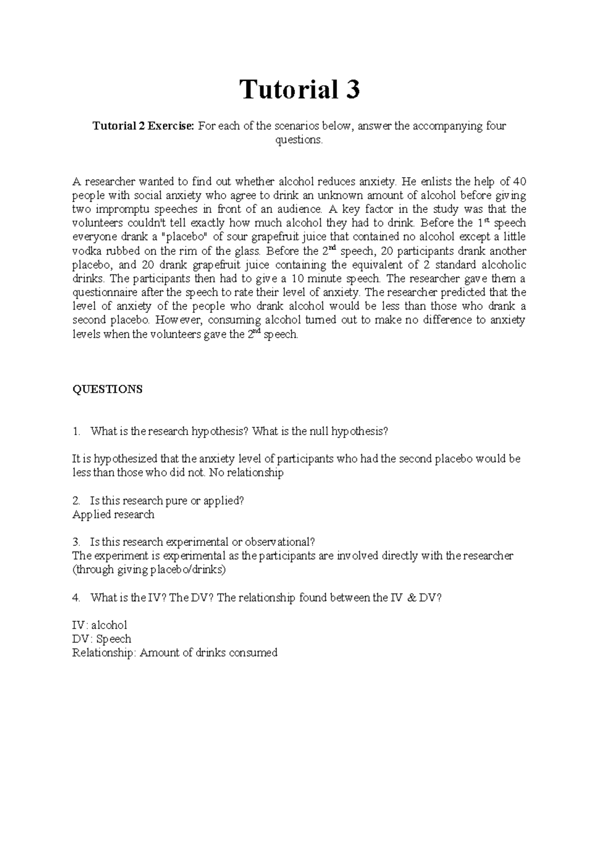 PSYC1040 Tutorial 3 Exercise - Tutorial 3 Tutorial 2 Exercise: For each of the scenarios below ...