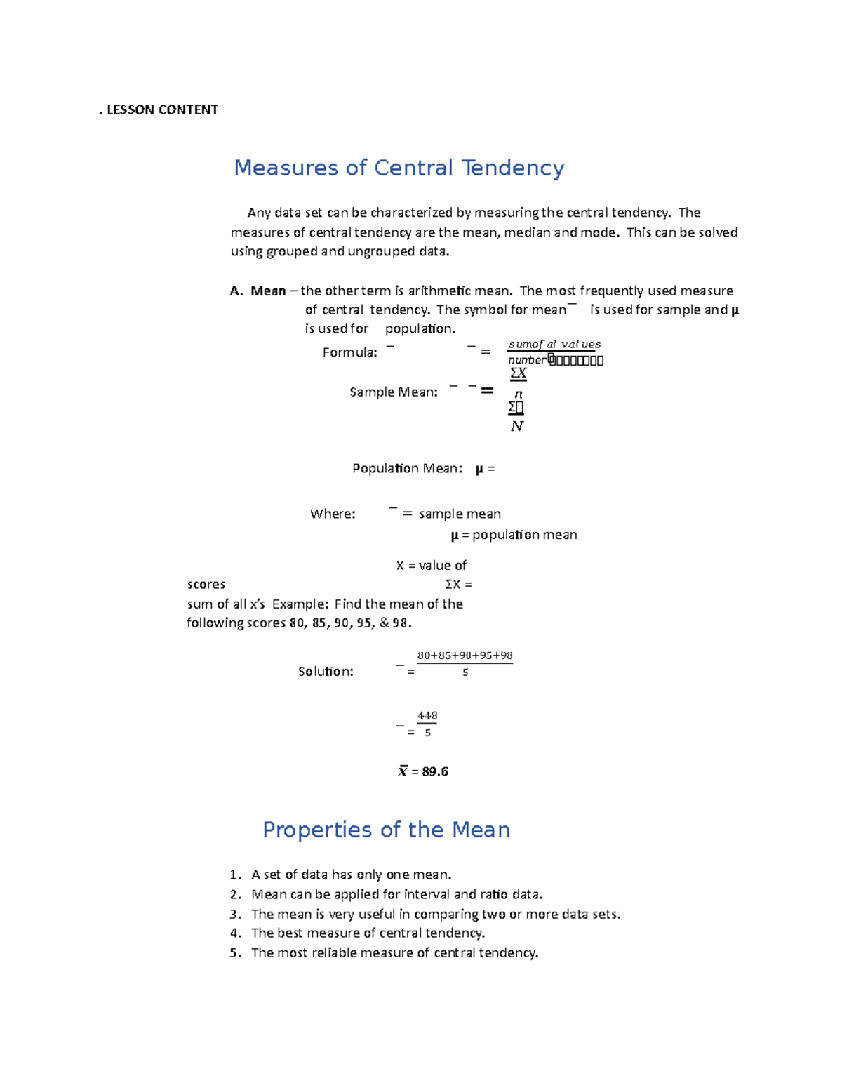 Statistics. Module 3 - . LESSON CONTENT Measures of Central Tendency ...