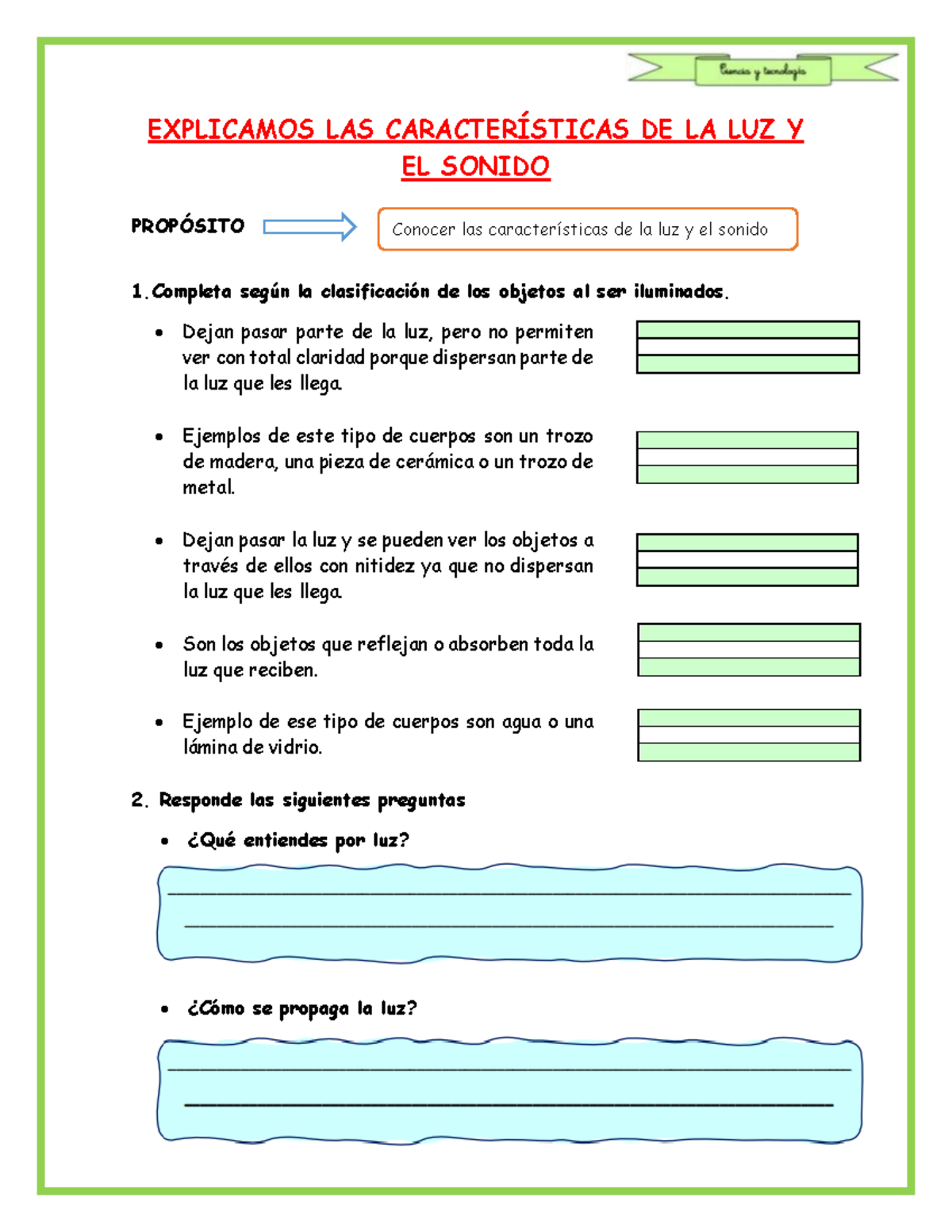 Ficha DE LA LUZ Y EL Sonido - EXPLICAMOS LAS CARACTERÍSTICAS DE LA LUZ ...
