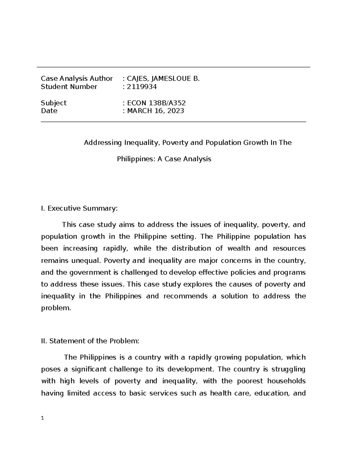 ECON 138B-CASE Analysis - Case Analysis Author : CAJES, JAMESLOUE B ...