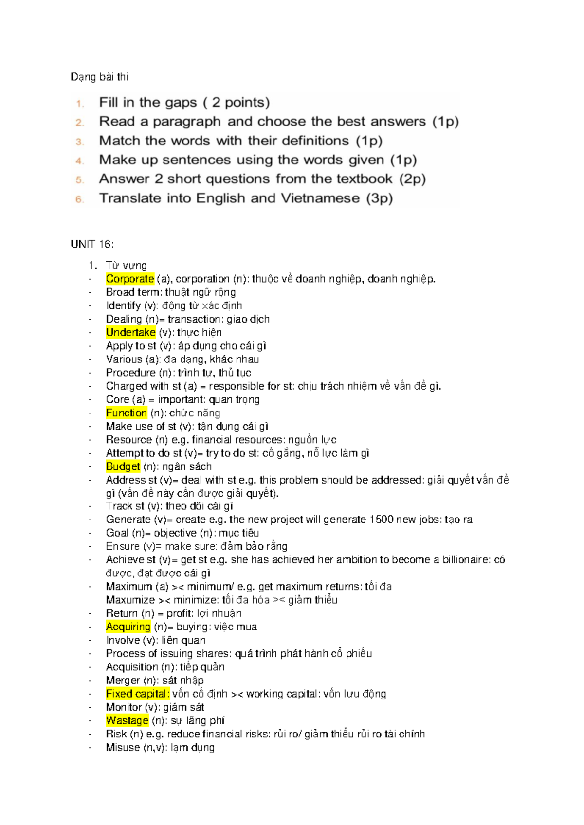 Vở ghi - TACN2 - Dạng bài thi UNIT 16: 1. Từ vựng - Corporate (a), corporation (n): thuộc về ...
