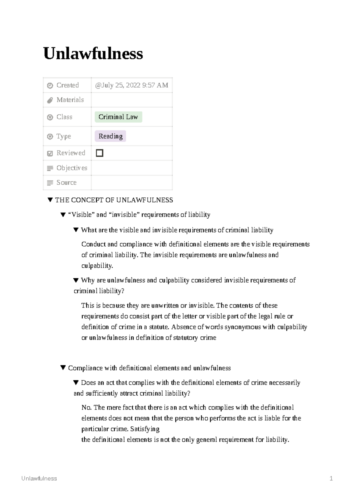 Unlawfulness - Unlawfulness Created Materials Class Criminal Law Type ...