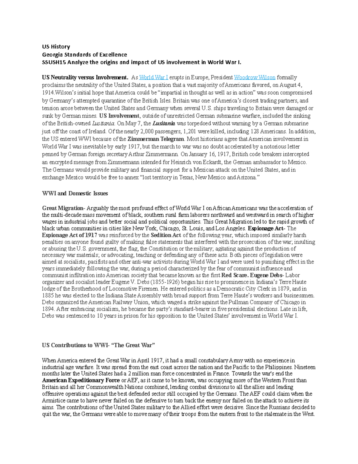 WWI and US Involvement - US History Georgia Standards of Excellence ...