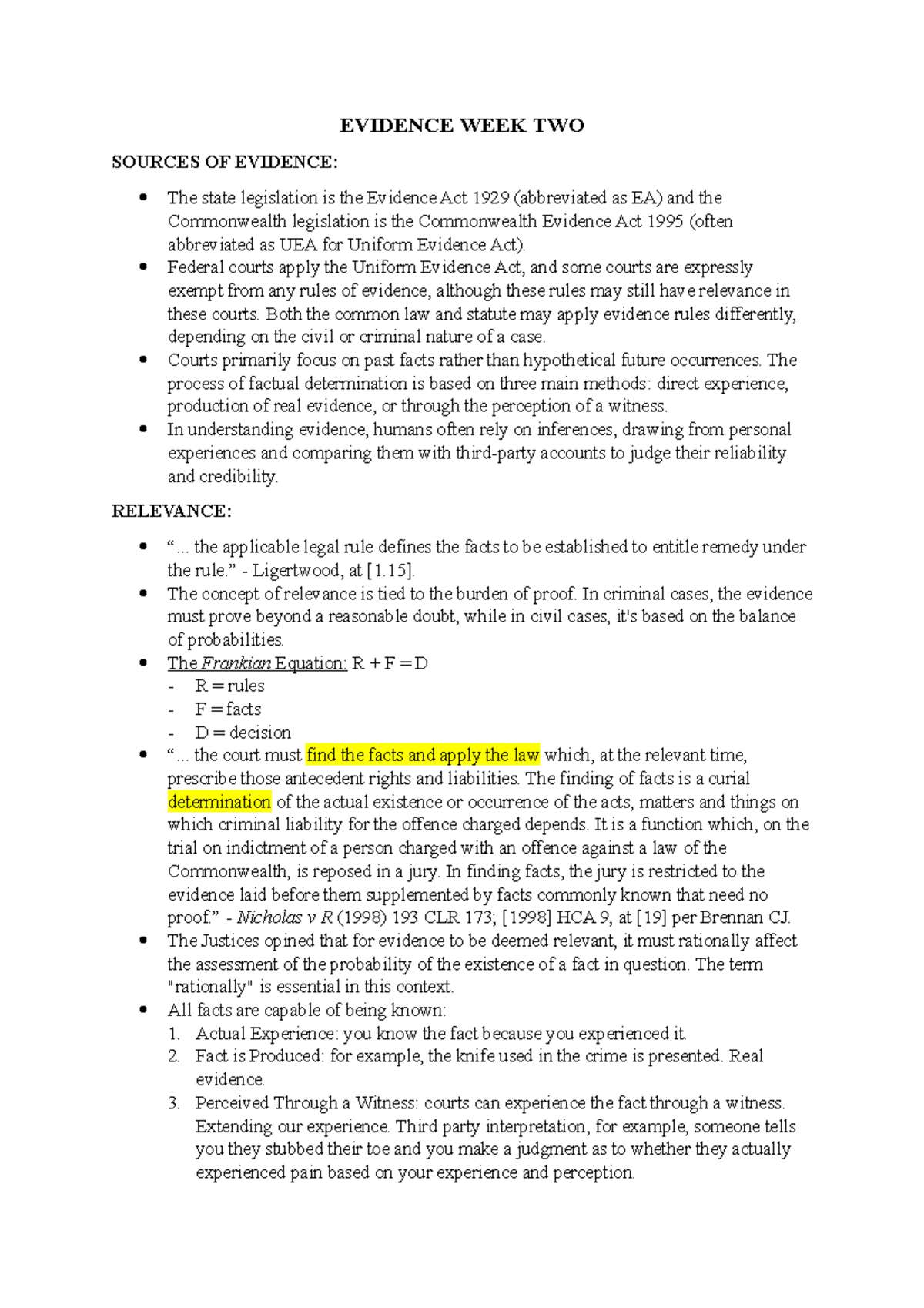 Evidence WEEK TWO - Lecture notes! - EVIDENCE WEEK TWO SOURCES OF ...