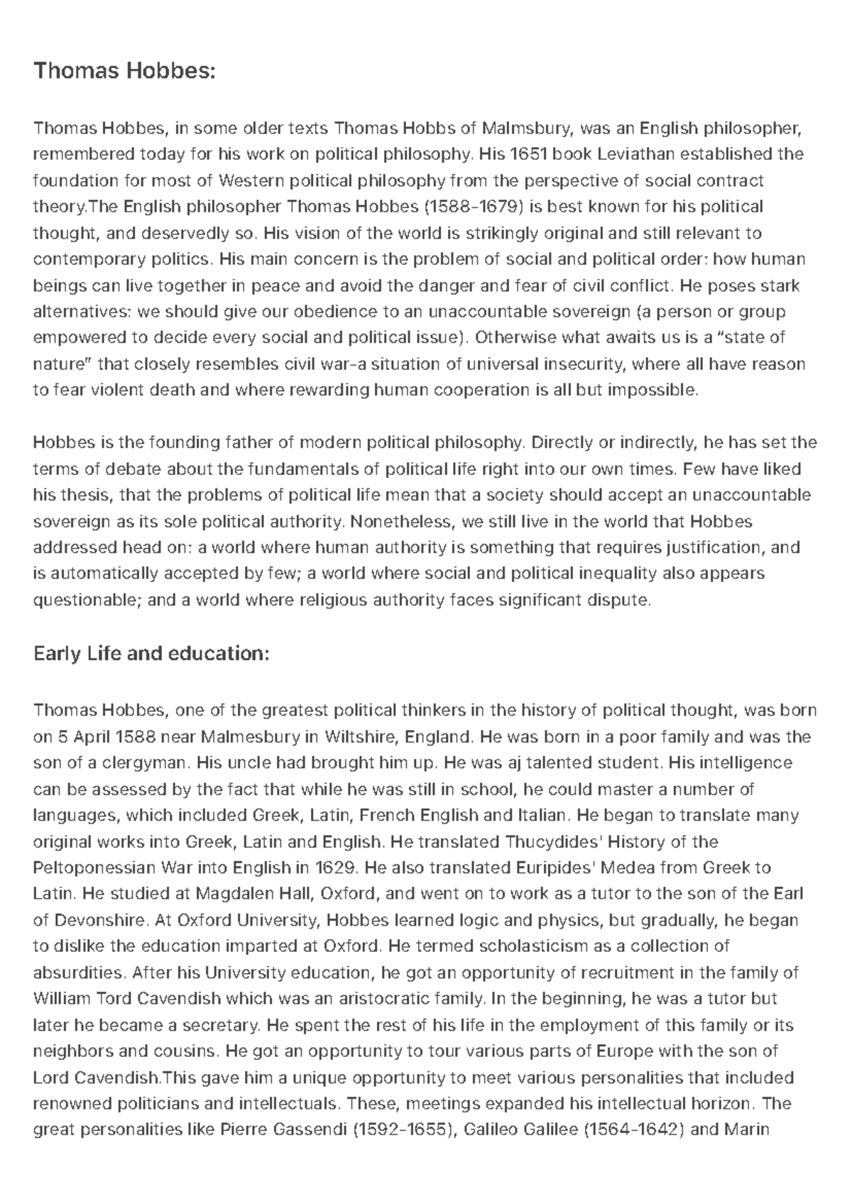 Thomas Hobbes: - His 1651 book Leviathan established the foundation for ...