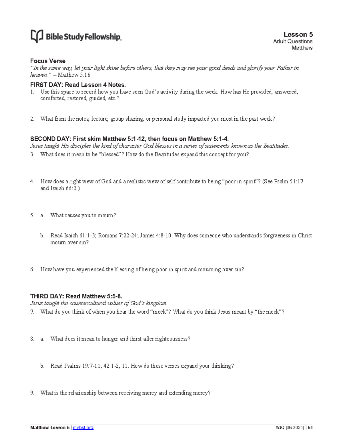 MATT Lesson 5 A Q A - Matthew Lesson 5 | mybsf AdQ (06) | 51 Lesson 5 ...