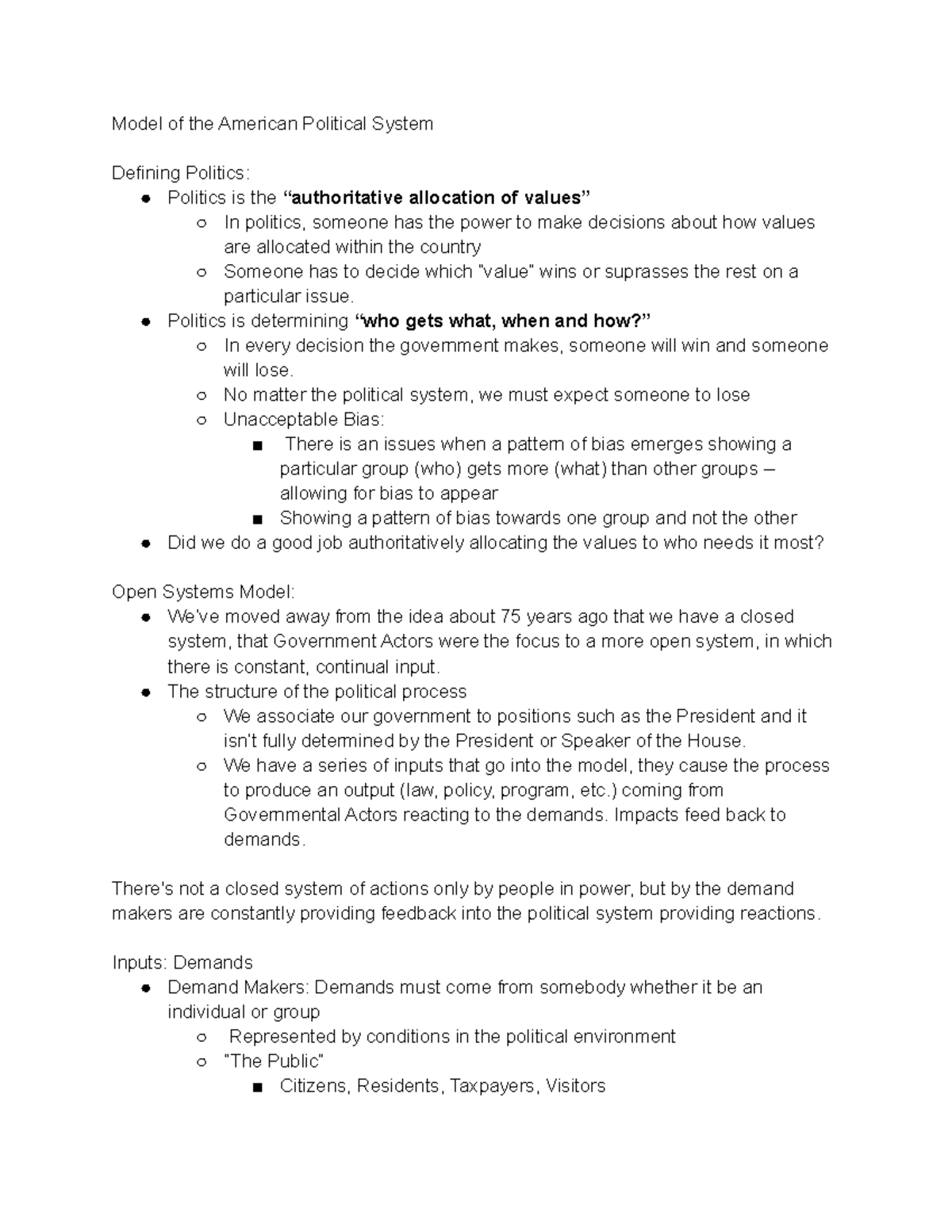 PLSC 101 Notes 1 - Model of the American Political System Defining ...